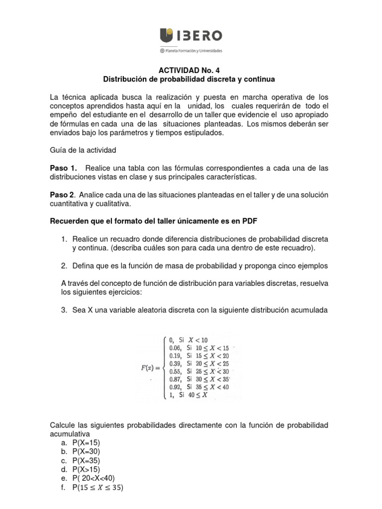 Taller de Distribuciones de Probabilidad | PDF | Probabilidad | Matemáticas