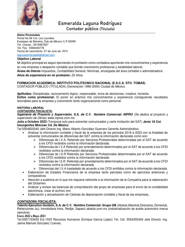 Impuestos Curriculum-C.P.Esmeralda-Laguna-Rodriguez | PDF | Contabilidad | Contador