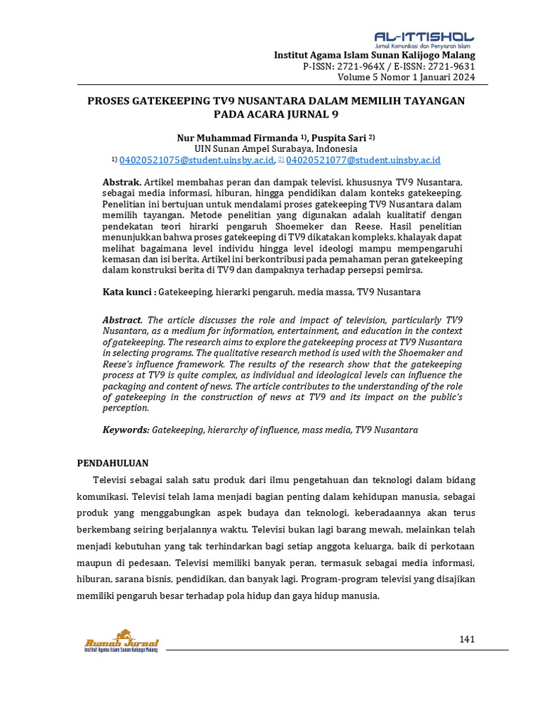 9) Proses Gatekeeping TV9 Nusantara Dalam Memilih Tayangan Pada Acara Jurnal 9 | PDF