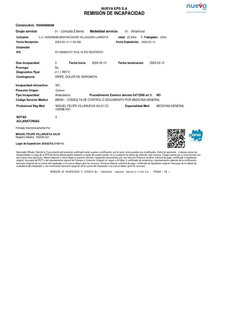 Incapacidad Nueva eps paciente Brayan | PDF | Cuidado de la salud | Medicina