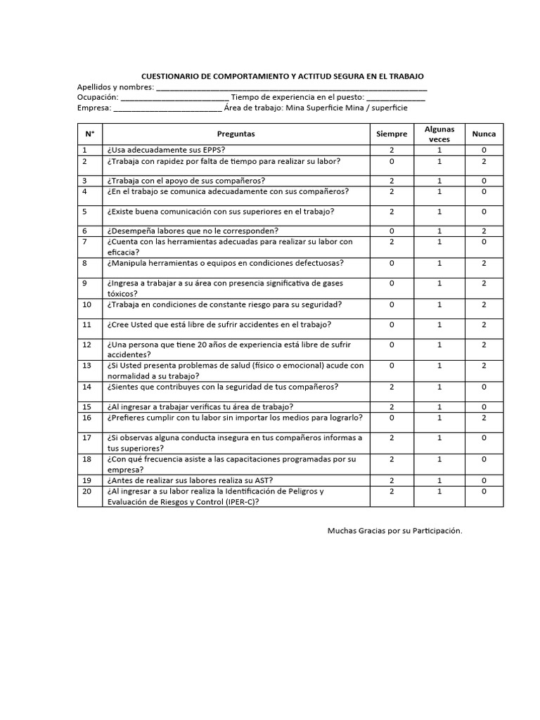 Cuestionario de Comportamiento y Actitud Segura en El Trabajo | PDF ...