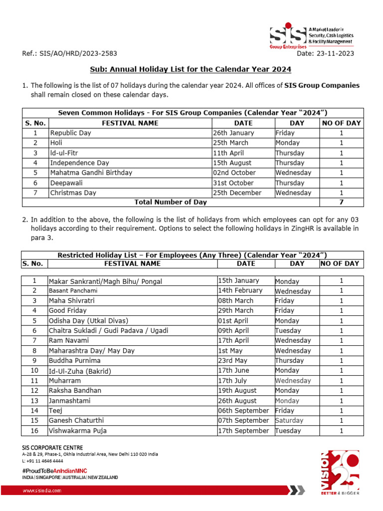 SIS Group Holiday List 2024 | PDF | Hindu Worship | Religious Festivals