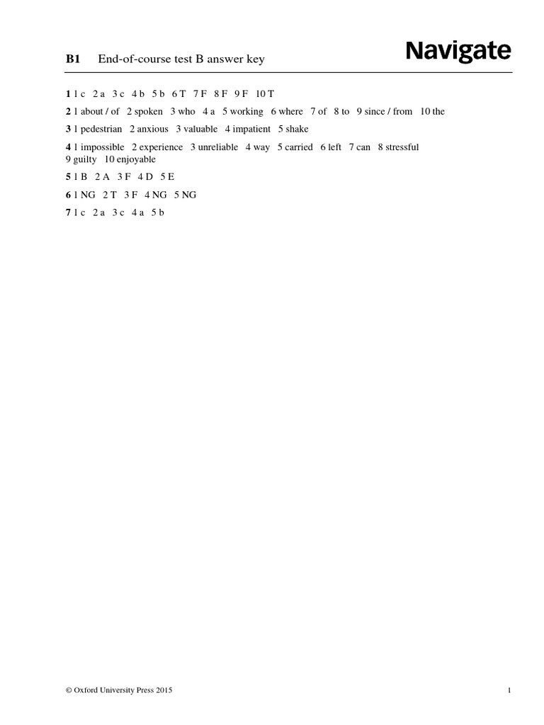 B1 End-of-Course Test Answer Key | PDF