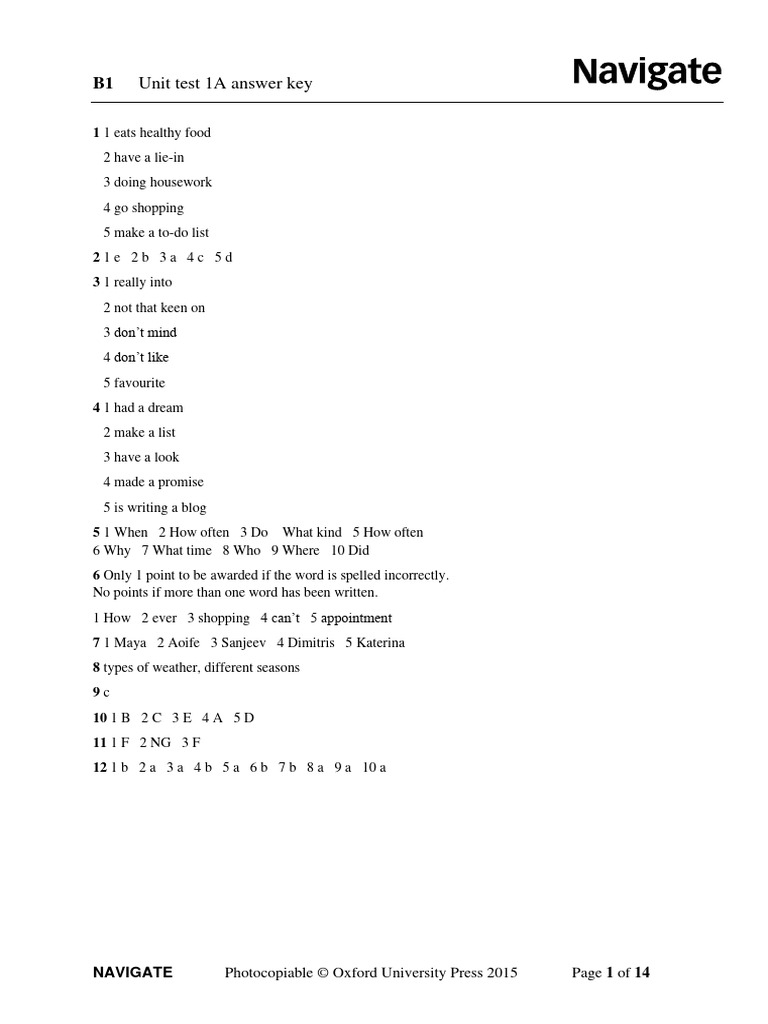 Navigate B1 Unit A Test Key | PDF | Language Arts & Discipline