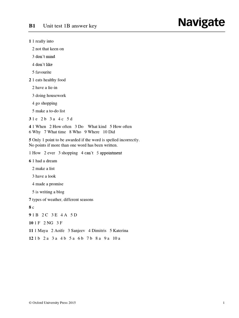 Naviagte B1 Unit B Test Key | PDF