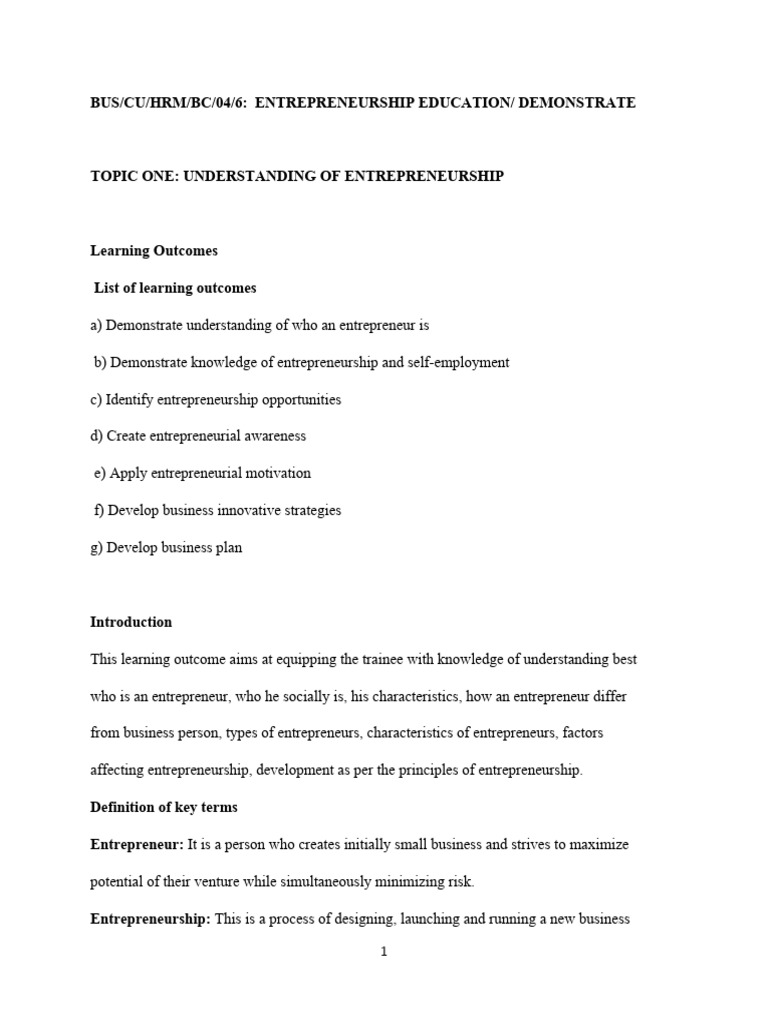 TVET NOTES-ENTREPREN EURSHIP EDUCATION - Common Unit | PDF ...