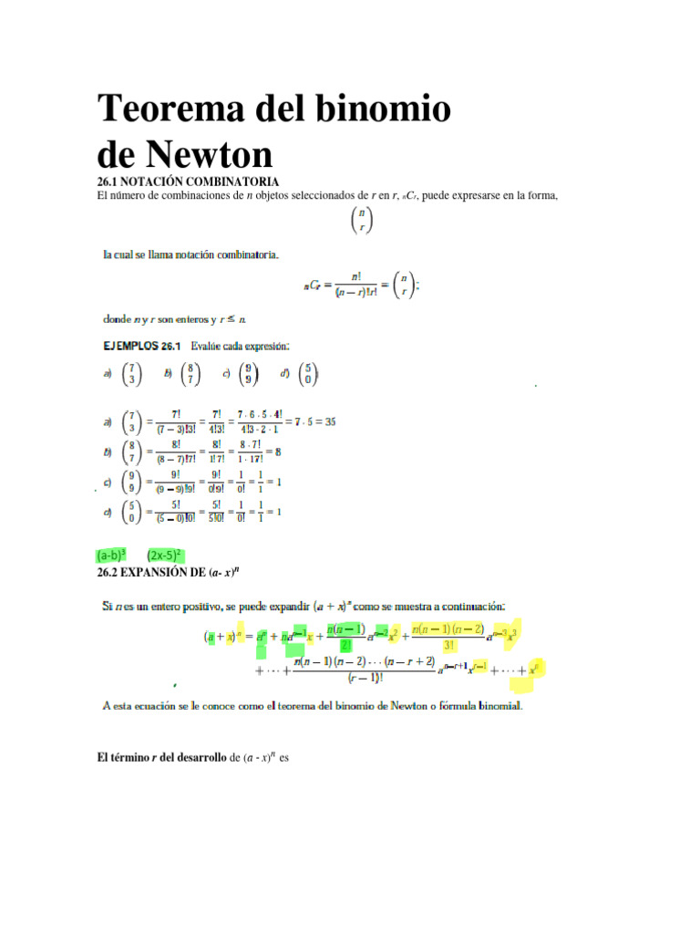 Teorema Del Binomio NEWTON | PDF | Combinatoria | Matemáticas