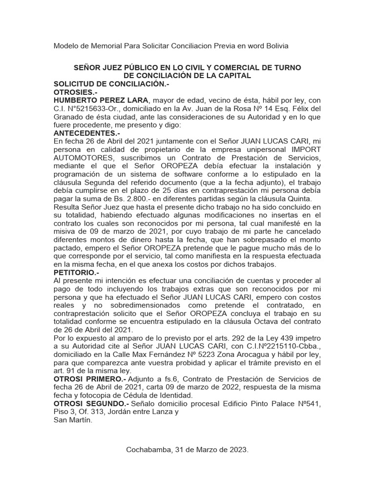 Modelo de Memorial para Solicitar Conciliacion Previa en Word Bolivia | PDF