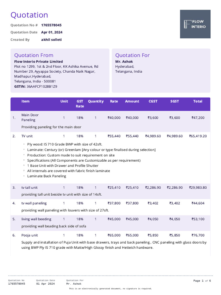 Quotation 1765578045 Flow Interio Private Limited MR Ashok | PDF ...