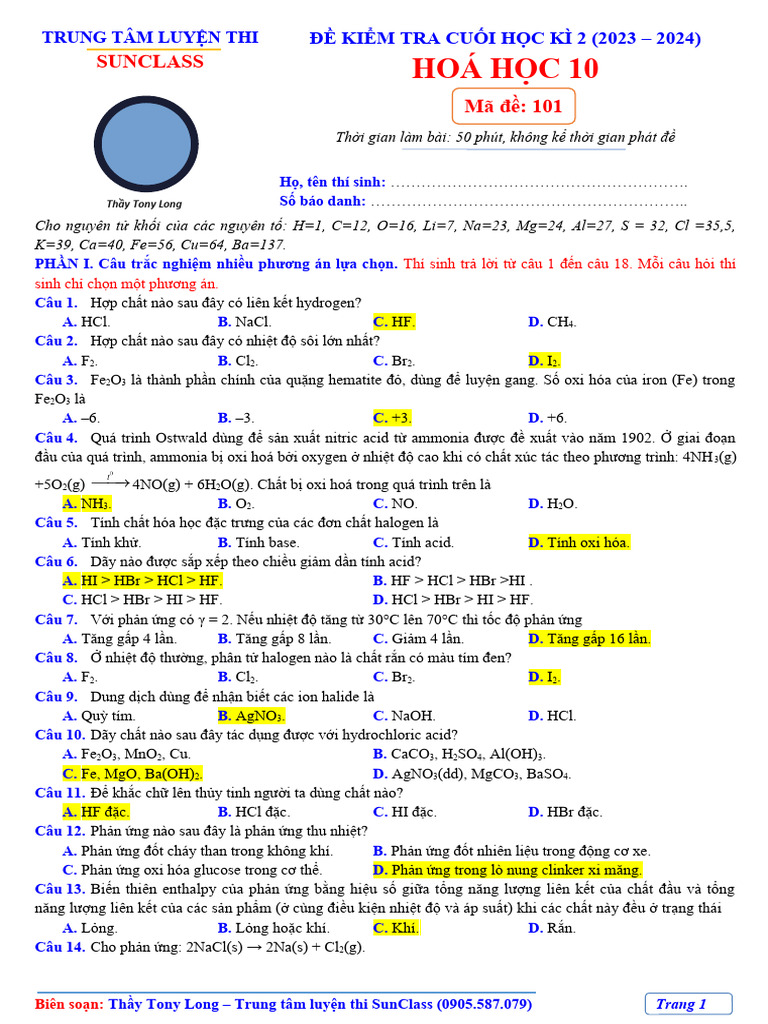 ĐỀ THI HK2 - HOÁ 10 (CẤU TRÚC 2025) | PDF