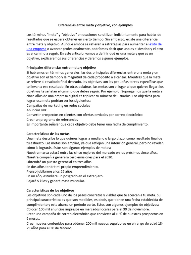 Diferencias Entre Meta y Objetivo | PDF | Motivación | Motivacional
