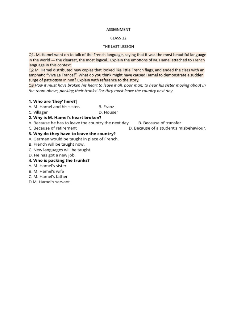 Assignment 1 The Last Lesson | PDF