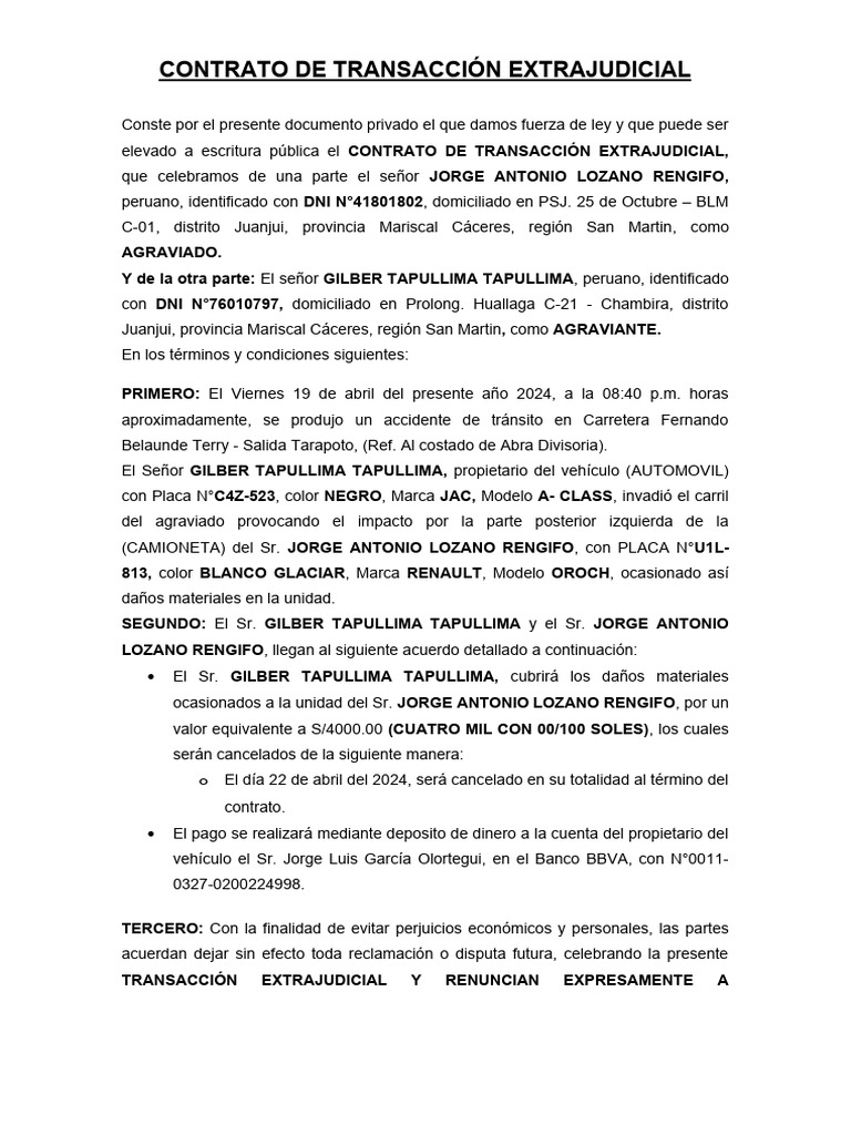 Contrato de Transacción Extrajudicial | PDF | Ciencias sociales | Derecho
