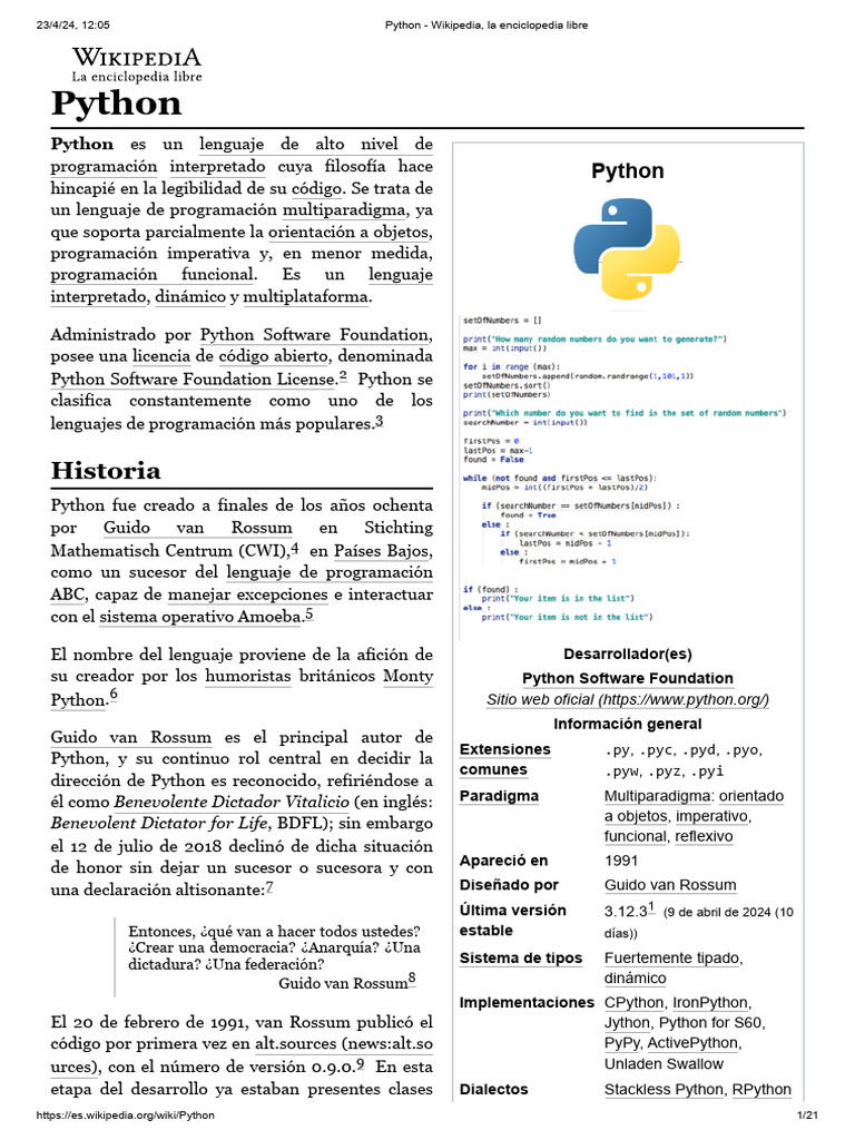 Python: Historia | PDF | Python (lenguaje de programación) | Lenguaje ...