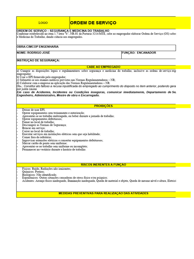 Ordem de Servico NR 01 | PDF | Tecnologia e Engenharia