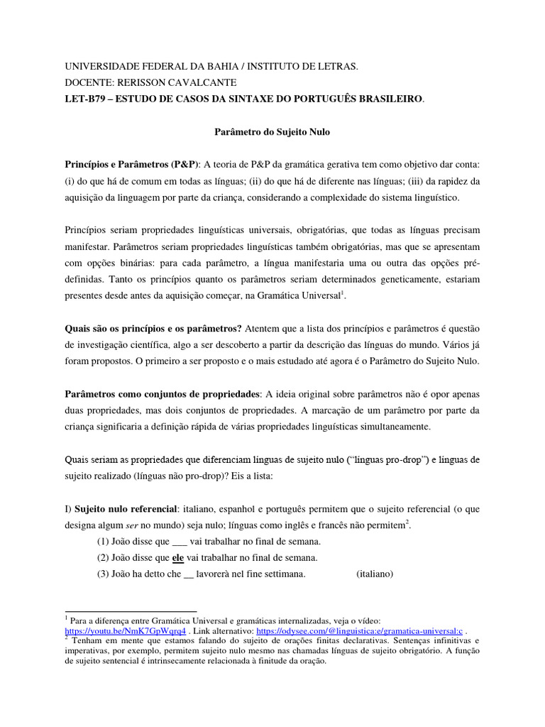 Parâmetro do Sujeito Nulo em Línguas | PDF | Assunto (gramática ...
