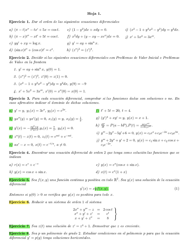 Ejercicios Resolución de EDOS Orden 1 | PDF | Ecuaciones | Ecuación diferencial ordinaria