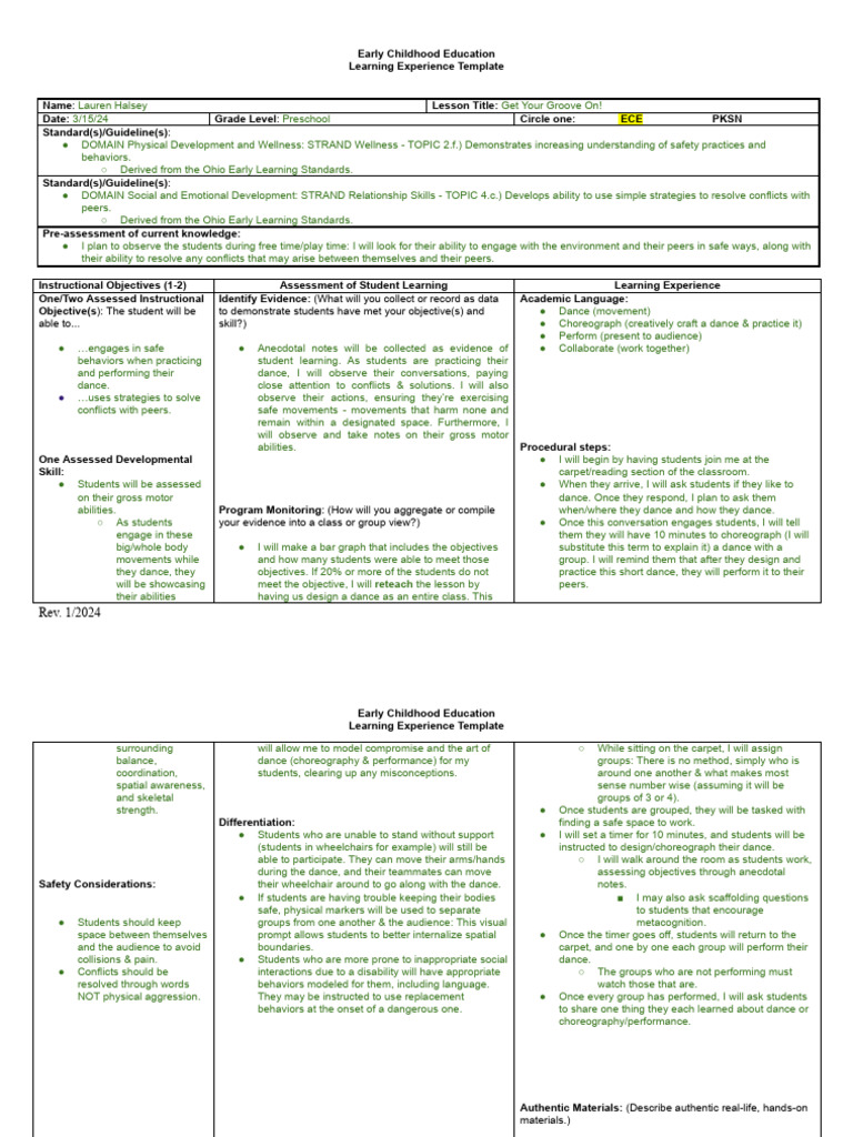 Preschool Dance Lesson Plan Template | PDF | Lesson Plan | Learning