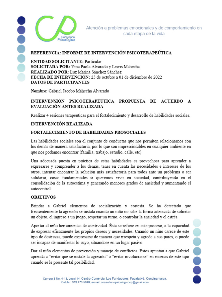 Informe de Intervención Psicoterapeútica Gabriel Jacobo | PDF ...