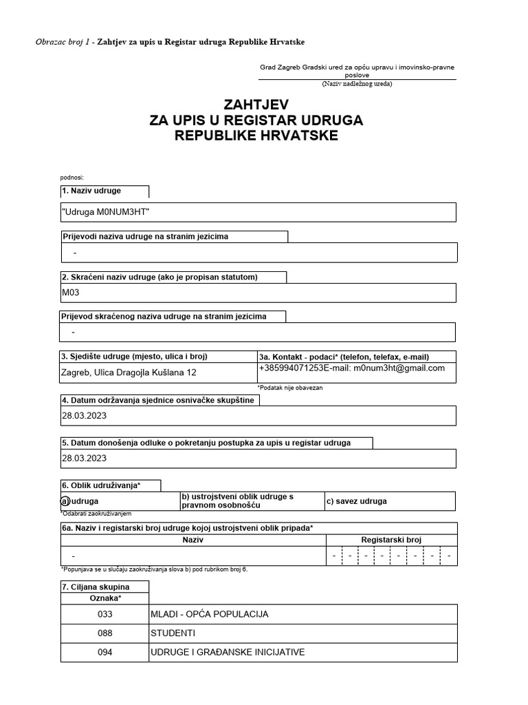 Zahtjev Za Upis U Registar | PDF