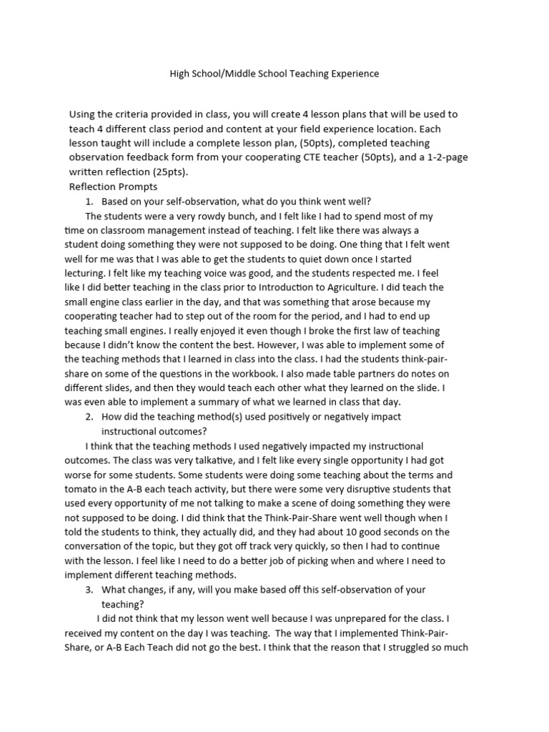 Student Teacher Reflection | PDF | Teaching Method | Lesson Plan