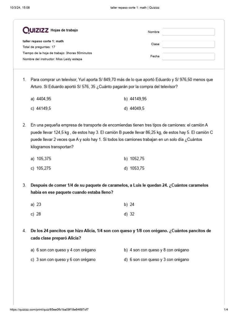 Taller Repaso Corte 1 - Math - Quizizz | PDF | Matemática Elemental | Aritmética