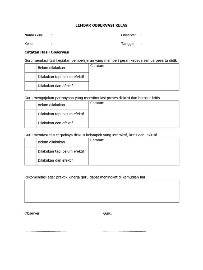 Lembar Observasi Kelas PMM | PDF