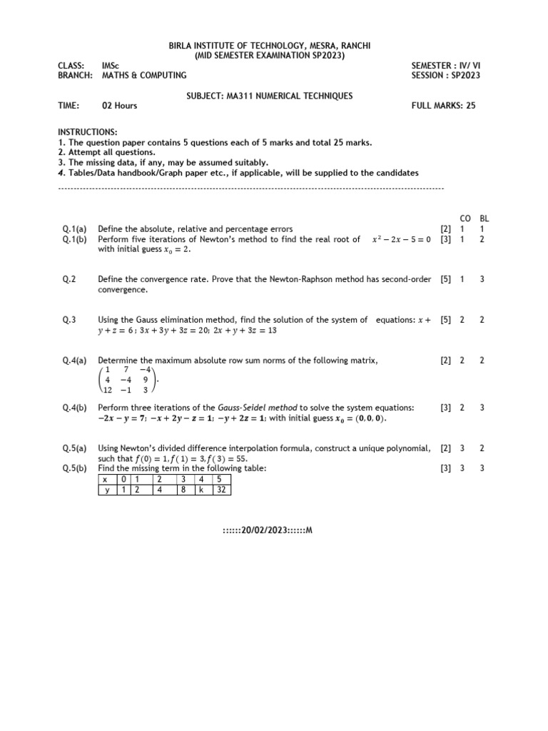 Ma311 Numerical Techniques (Mid - SP23) | PDF | Numerical Analysis | Algorithms