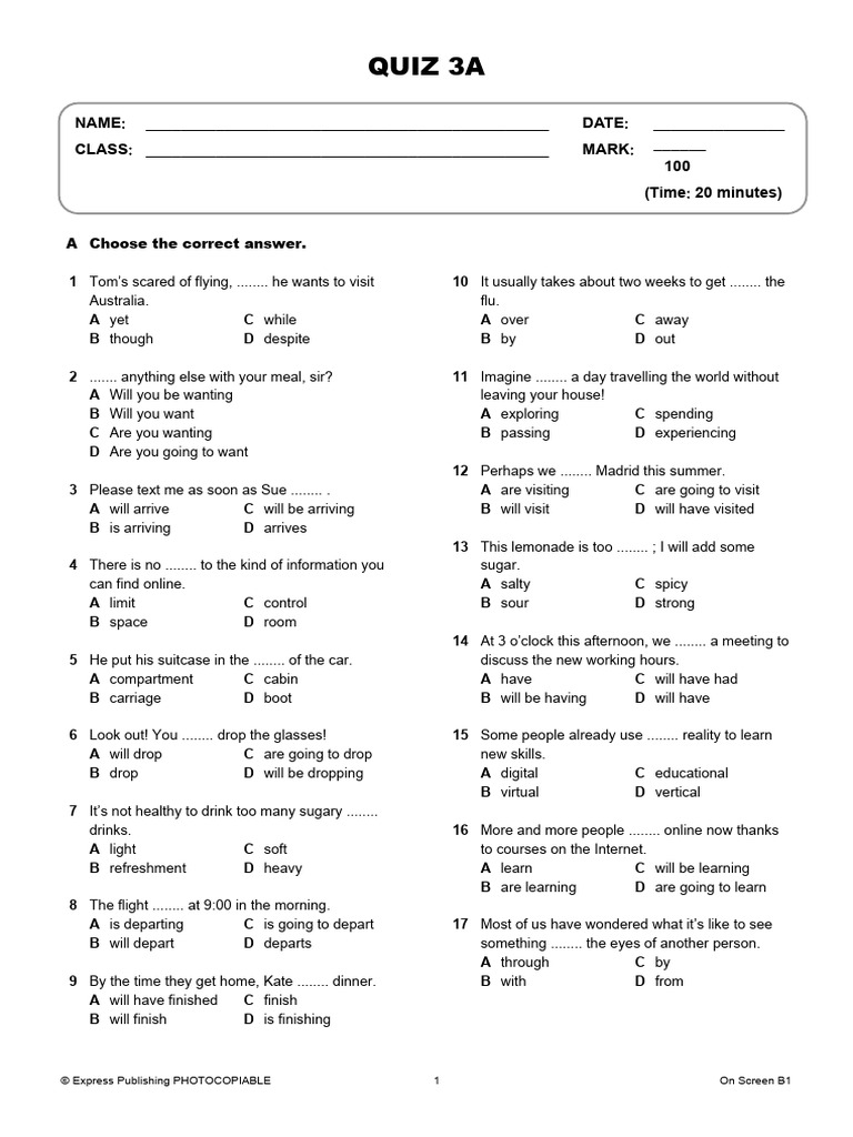 05 OnScreen B1 Quiz 3A | PDF