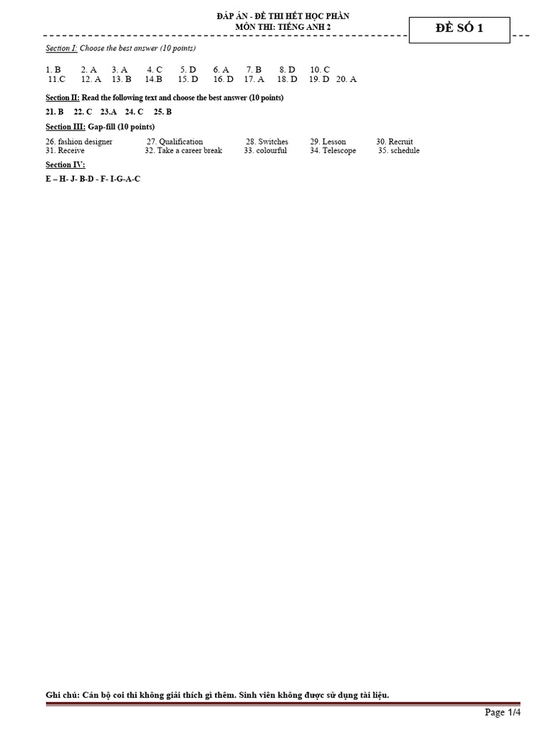 ĐÁP ÁN - Sample Test ANH 2 | PDF