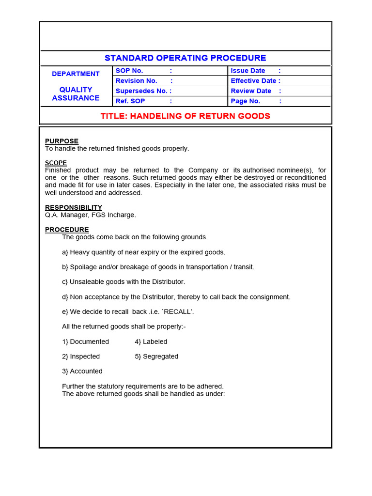 Return Goods Handling SOP | PDF | Business