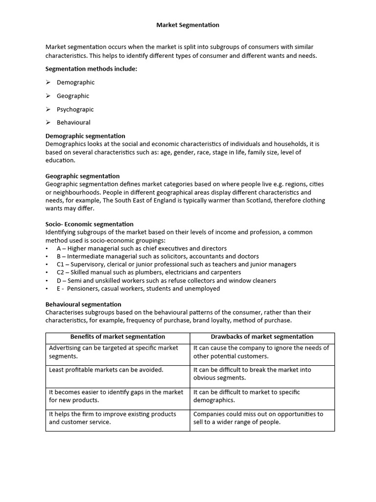 Market-segmentation revision sheets or IS | PDF | Market Segmentation ...