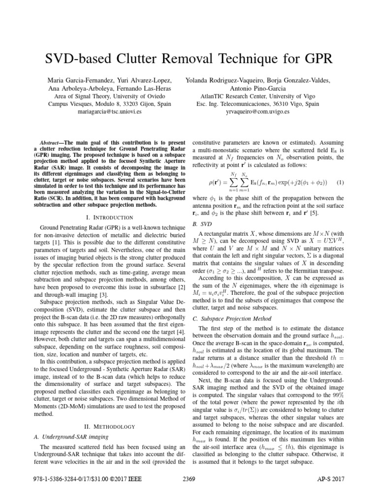 40 Svd Based Clutter Removal Technique For Gpr Pdf Principal Component Analysis Linear