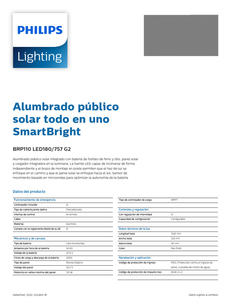 M0216011 911401834202 Luminaria A.P. Solar BRP110 Led180757 G2 125W ...