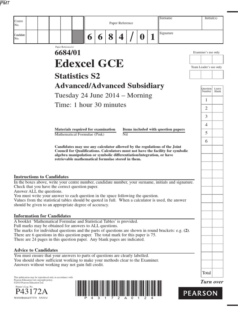 June 2014 (GCE) QP - S2 Edexcel | PDF | Probability Distribution | Seed