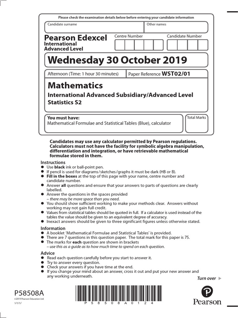 October 2019 (IAL) QP - S2 Edexcel | PDF | Probability Distribution ...