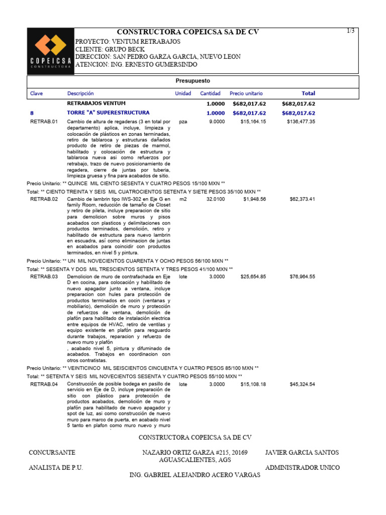 Presupuesto de Retrabajos Ventum | PDF | Ingeniería de Edificación ...