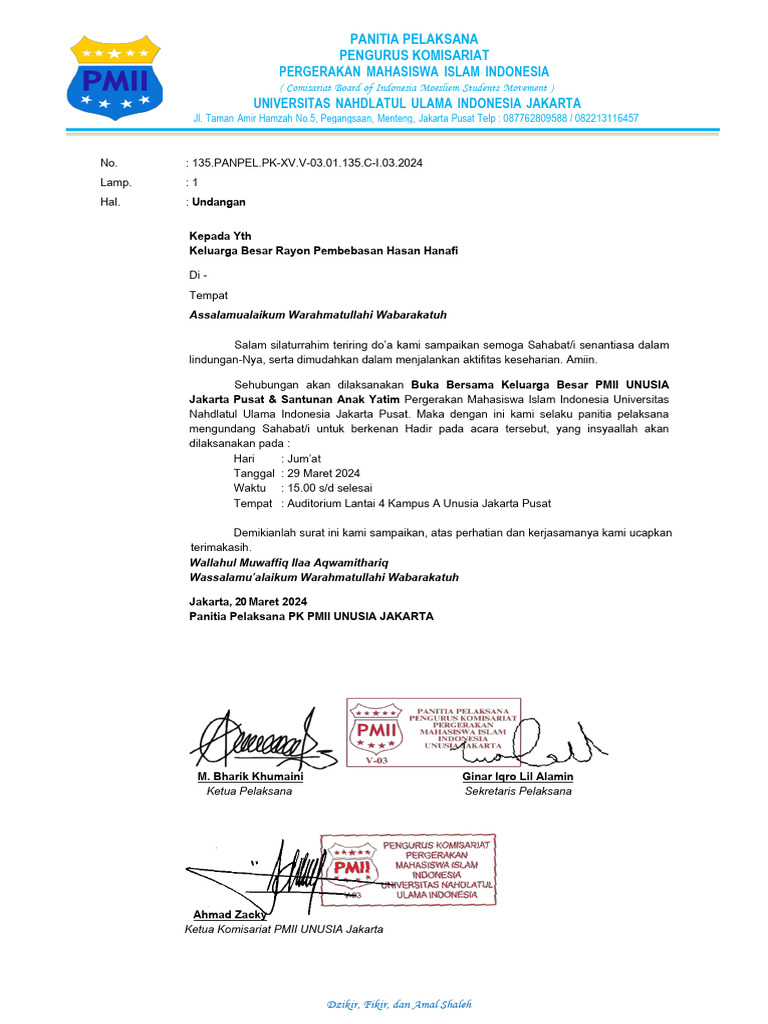 Undangan Buka Bersama PMII UNUSIA | PDF