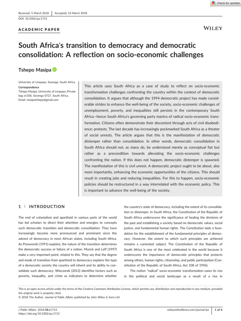 South Africas Transition To Democracy and Democratic Consolidation - A ...