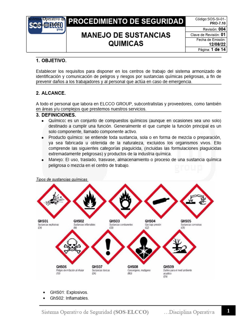 So-Si-01 Pro.-7.10 Manejo de Sustancias Quimicas Elcco 2022 | PDF | Química