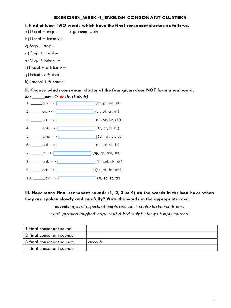Week 4 - Exercises - English Consonant Clusters | PDF | Language Arts ...