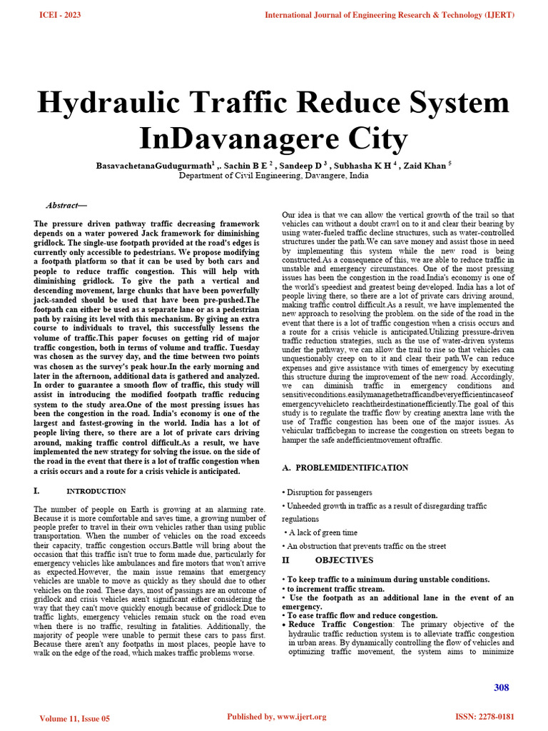 Hydraulic Traffic Reduce System Indavanagere City IJERTCONV11IS05054 | PDF | Traffic | Traffic ...