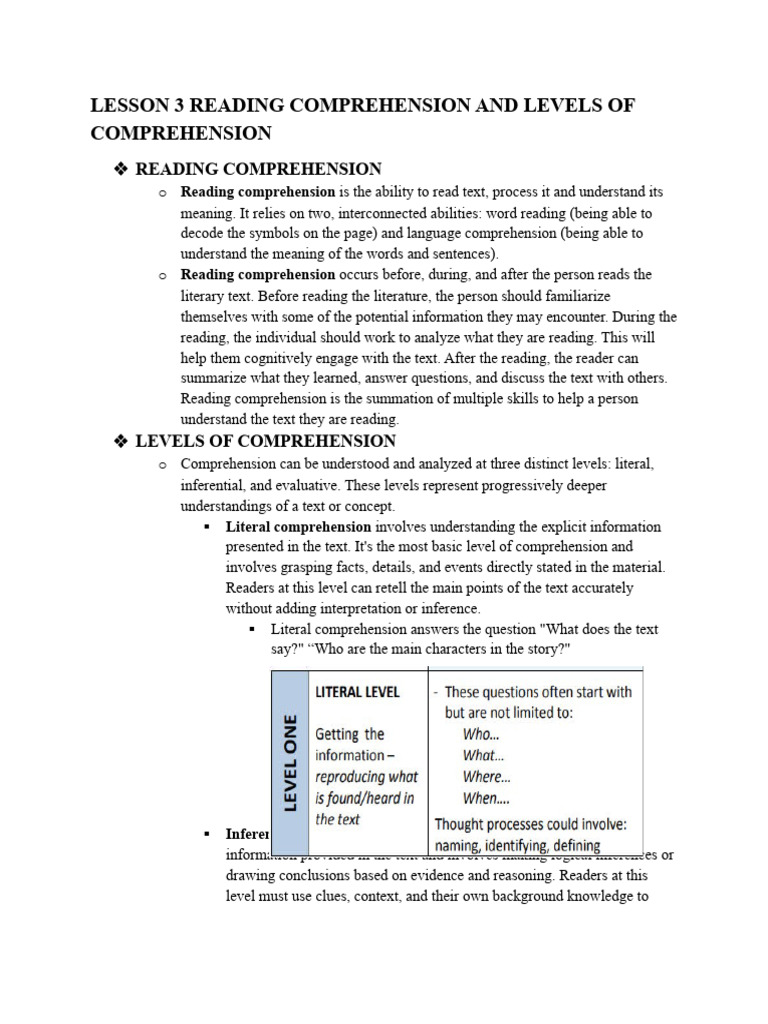 Lesson 3 Reading Comprehension and Levels of Comprehension | PDF ...