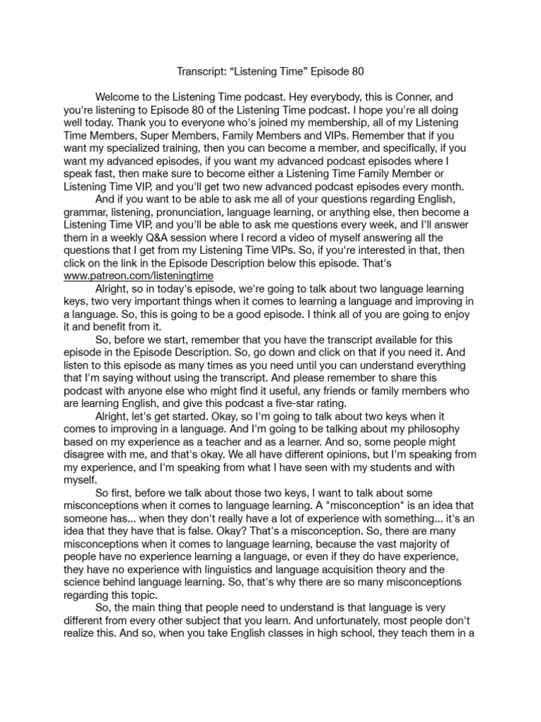 Episode 80 Transcript - Listening Time Language Learning Keys | PDF | Language Acquisition ...