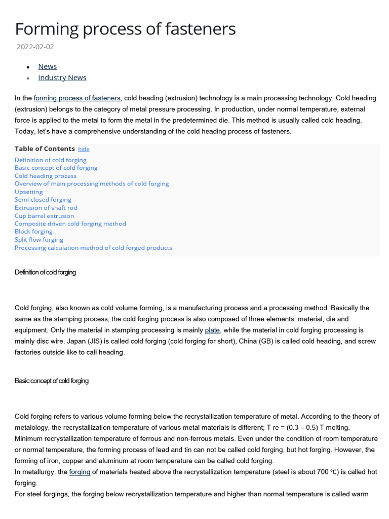 Forming Process of Fasteners | Download Free PDF | Forging | Extrusion