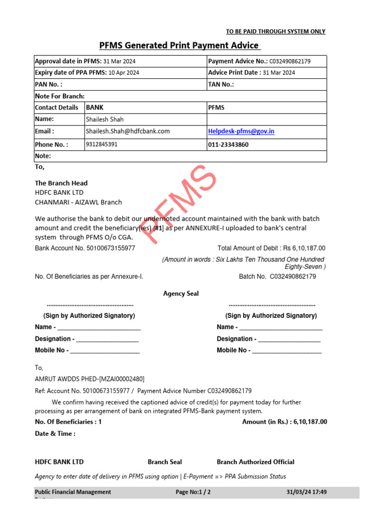 PFMS Payment Advice C032490862179 | PDF | Payments | Banks