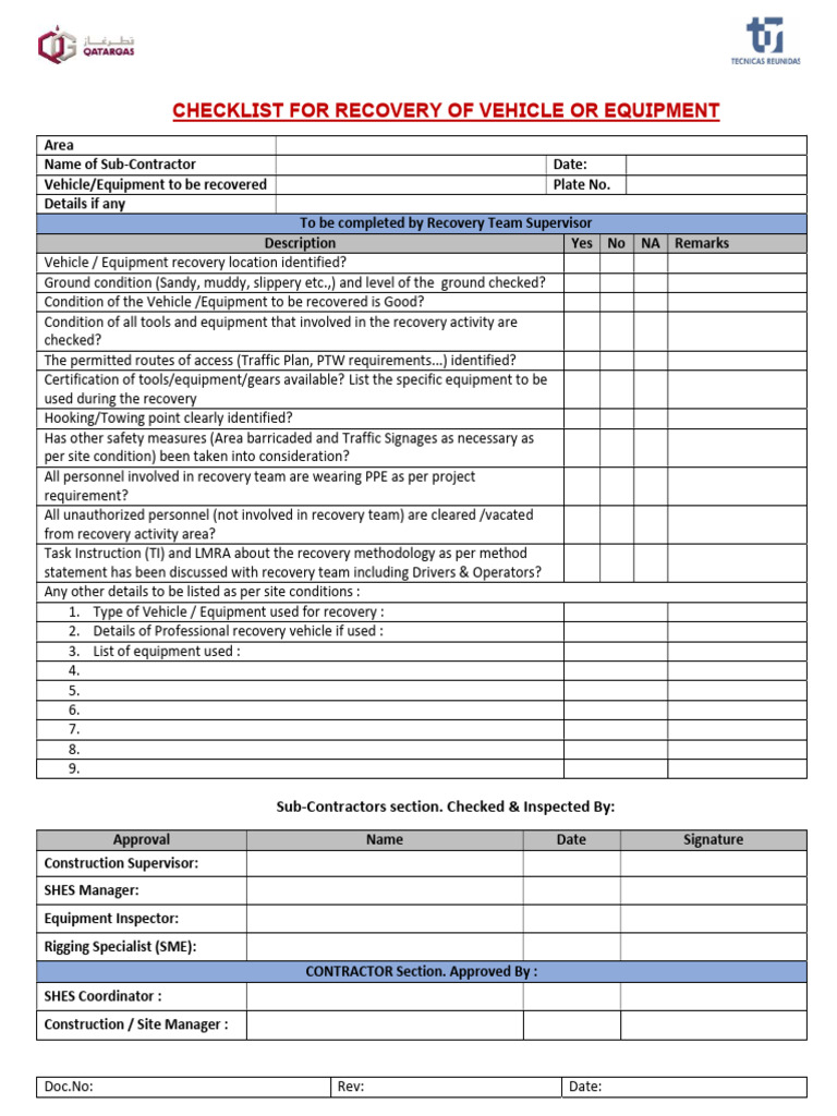 Checklist for Recovery of Vehicle or Equipment | PDF