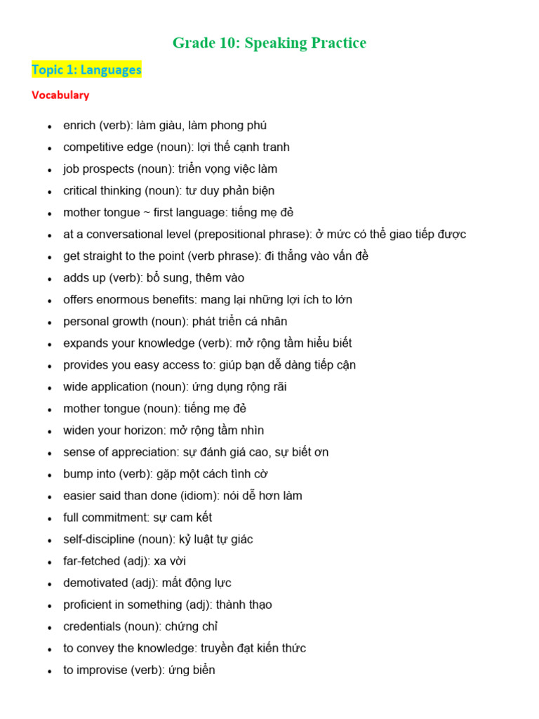 Grade 10 - Speaking Practice 1 | PDF