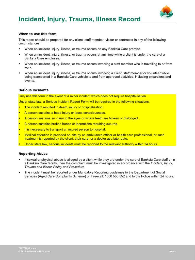 GROUP7 - Banksia SD PC T1 Incident Injury Trauma and Illness Record V1.0 ID 200742 | PDF | First ...