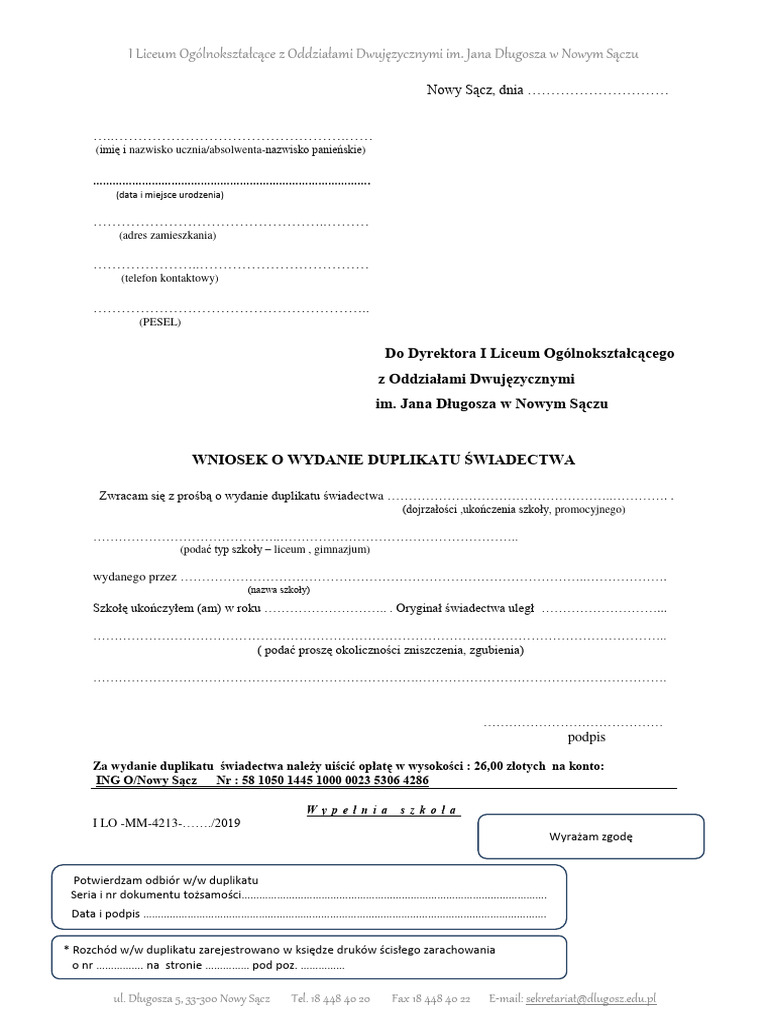 Wniosek o Wydanie Duplikatu Świadectwa | PDF